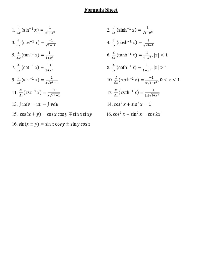 Math 202 Formula Sheet - MT1 | PDF