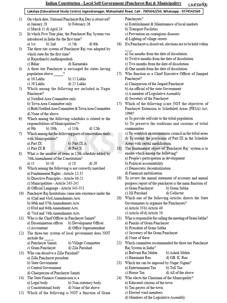 Panchayat Raj & Local Governance Quiz | PDF