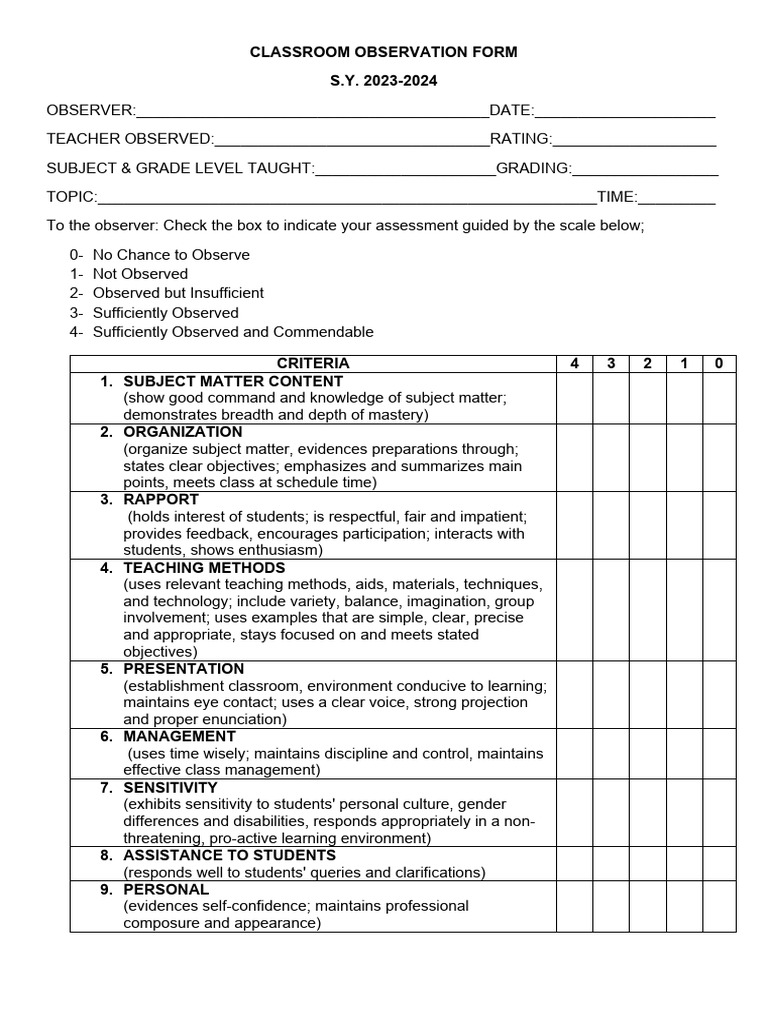 CLASSROOM OBSERVATION FORM | PDF | Teachers | Teaching Method