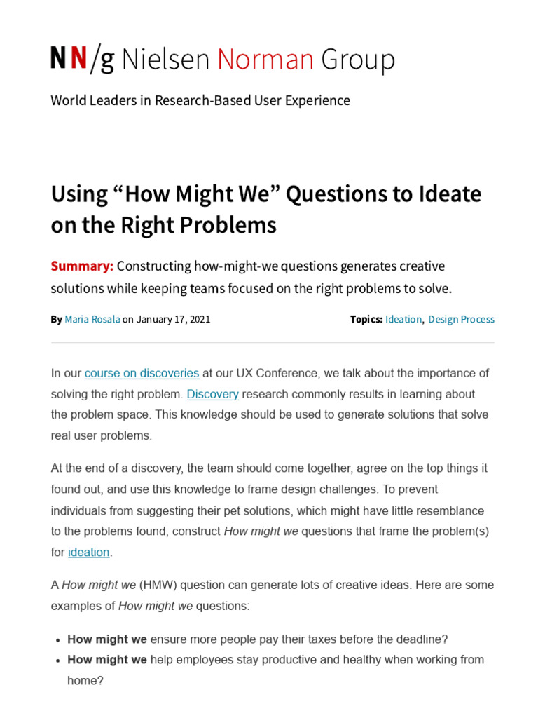 Using "How Might We" Questions To Ideate On The Right Problems | PDF ...