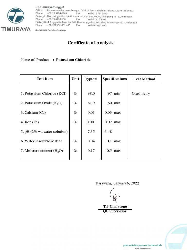 CoA Potassium Chloride (KCL) | PDF