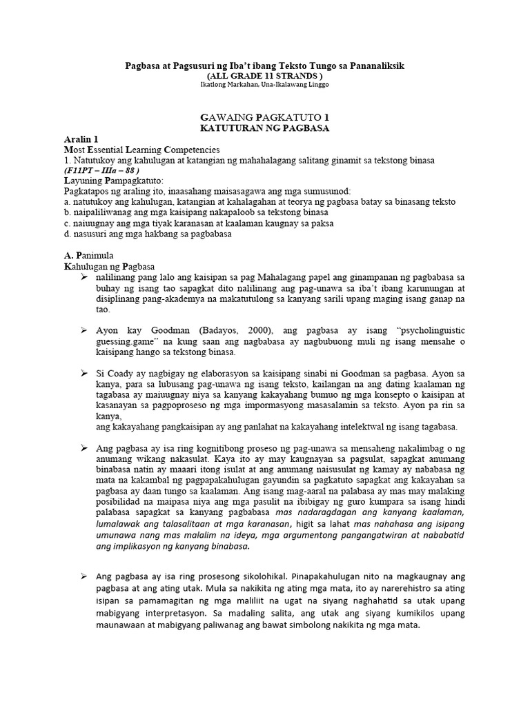 Pagbasa at Pagsusuri Students | PDF