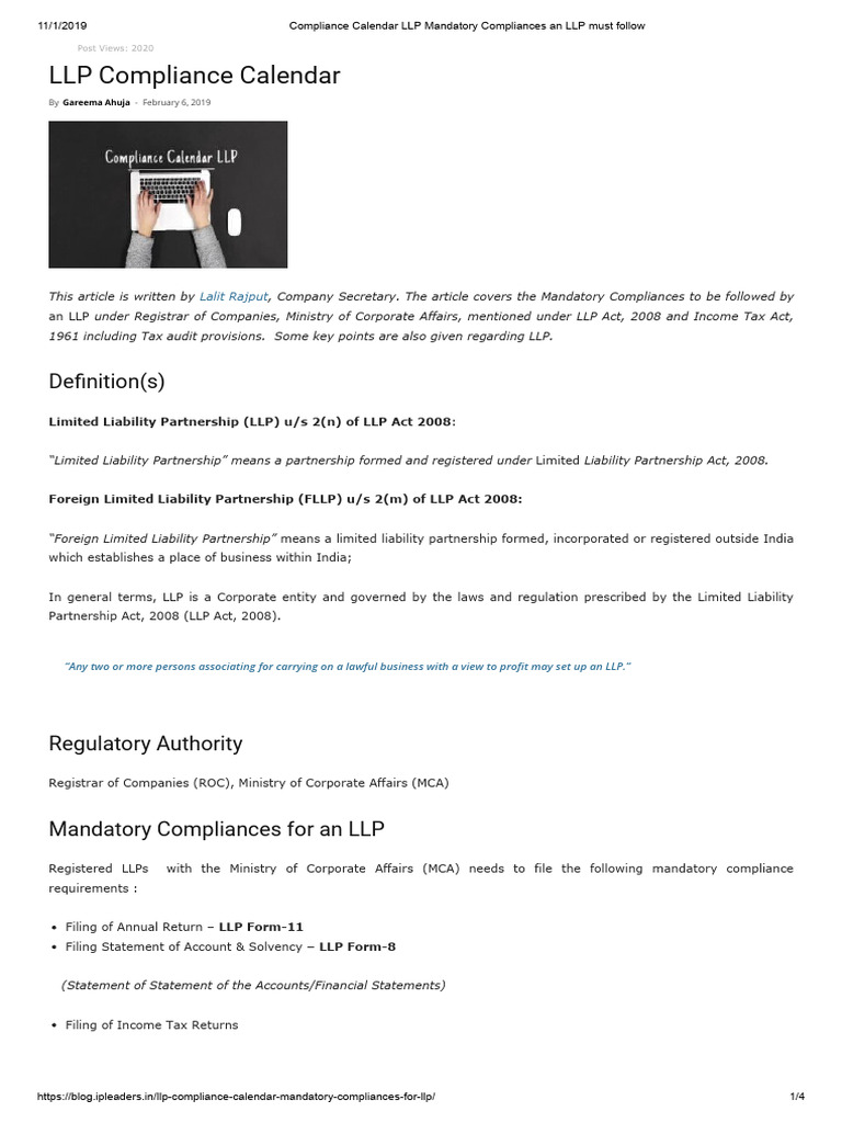 LLP Compliance Calendar 2019-20 | PDF | Limited Liability Partnership ...