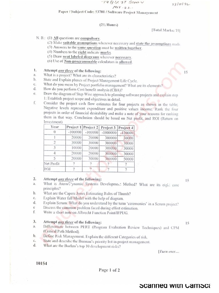 Science BSC Information Technology Semester 5 2022 November Software Project Management Cbcs | PDF