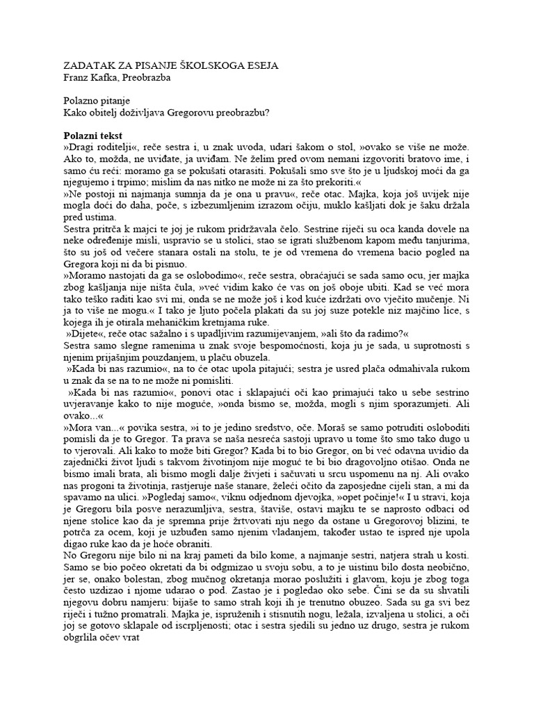 Predložak Za Esej - Kafka, Preobrazba | PDF