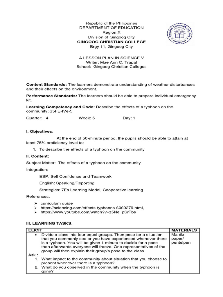 Lesson Plan Science 5 | PDF | Natural Hazards | Earth Sciences