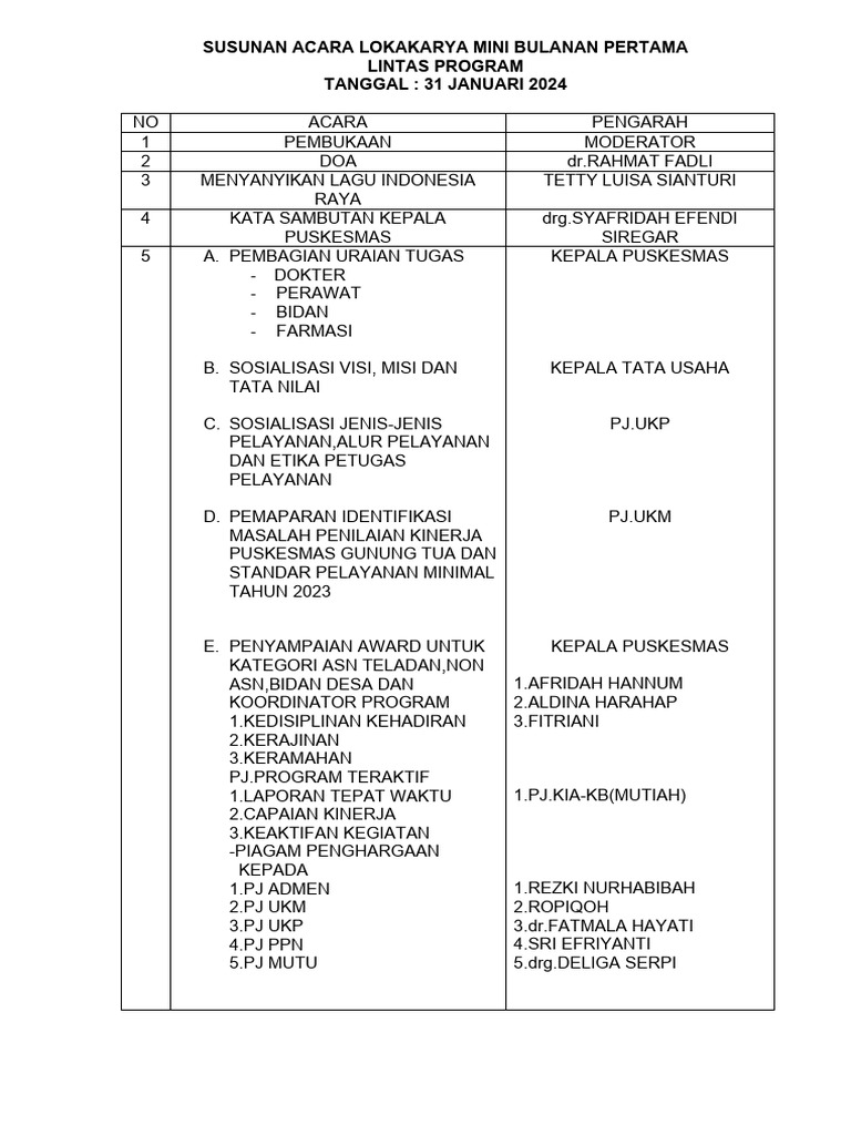 Susunan Acara Lokakarya Mini Bulanan Pertama 2024 | PDF