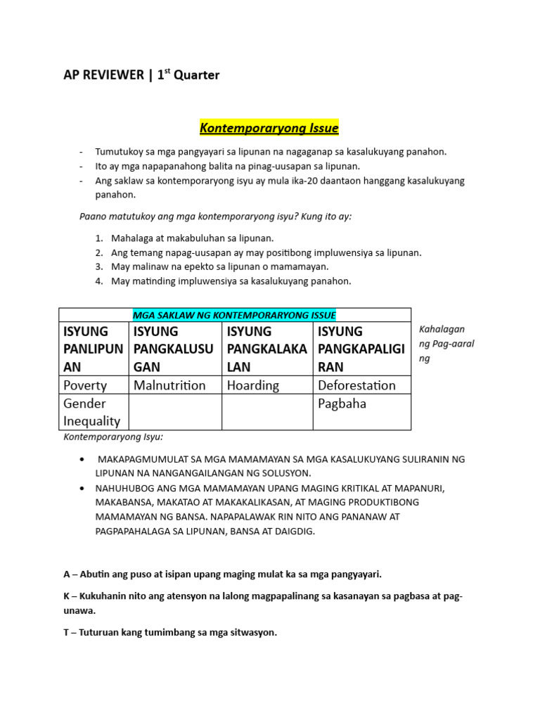 AP-REVIEWER Grade 10 | PDF