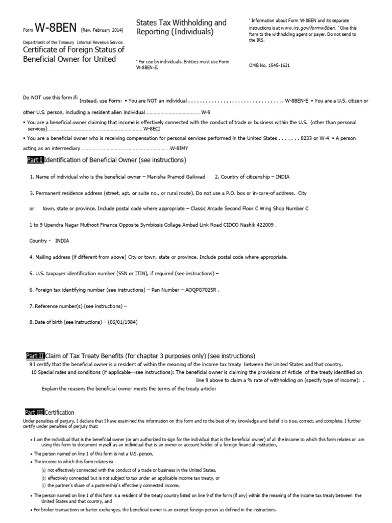 W8 Form (Y&R) | Download Free PDF | Irs Tax Forms | Tax Treaty
