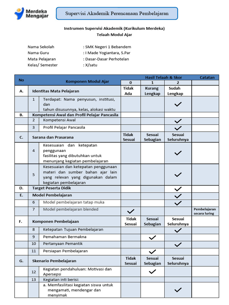 Instrumen Supervisi Penelaahan Modul Ajar | PDF