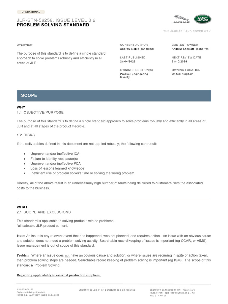 JLR-STN-56258 - Problem Solving Standard 3.2 | PDF | Business | Computers