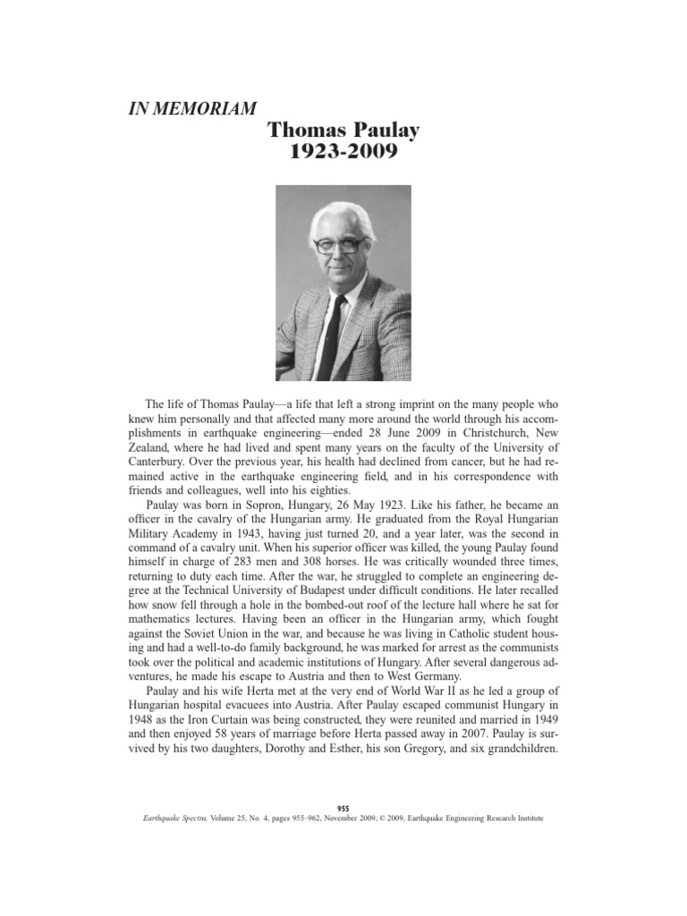 Earthquake Spectra in Memoriam Thomas Paulay - 2009 | Download Free PDF | Earthquake Engineering