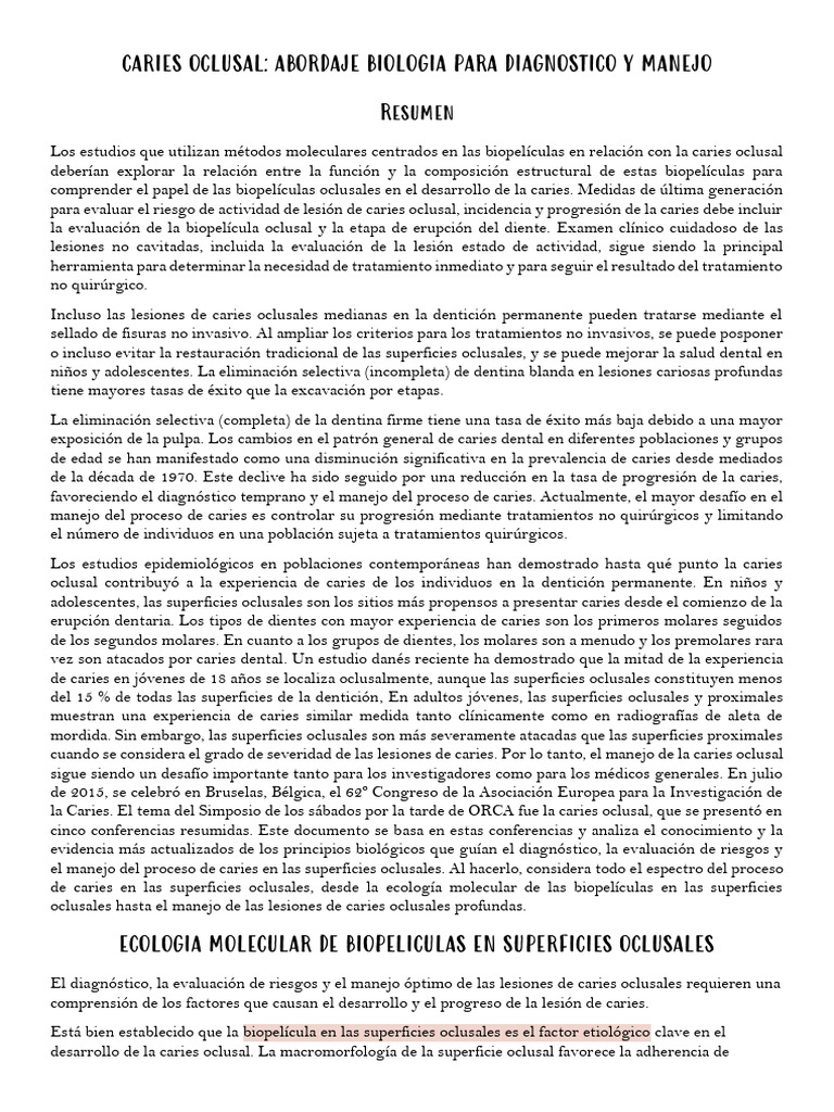 Diagnóstico y Manejo de Caries Oclusal | PDF | Biopelícula | Odontología