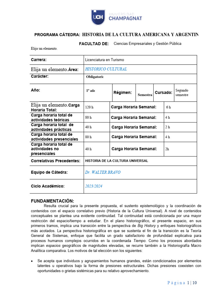 PROGRAMA HIST. CULT. A Y A 2023 - 2024 +30% No Presencialidad | PDF | Moodle | Historiografía