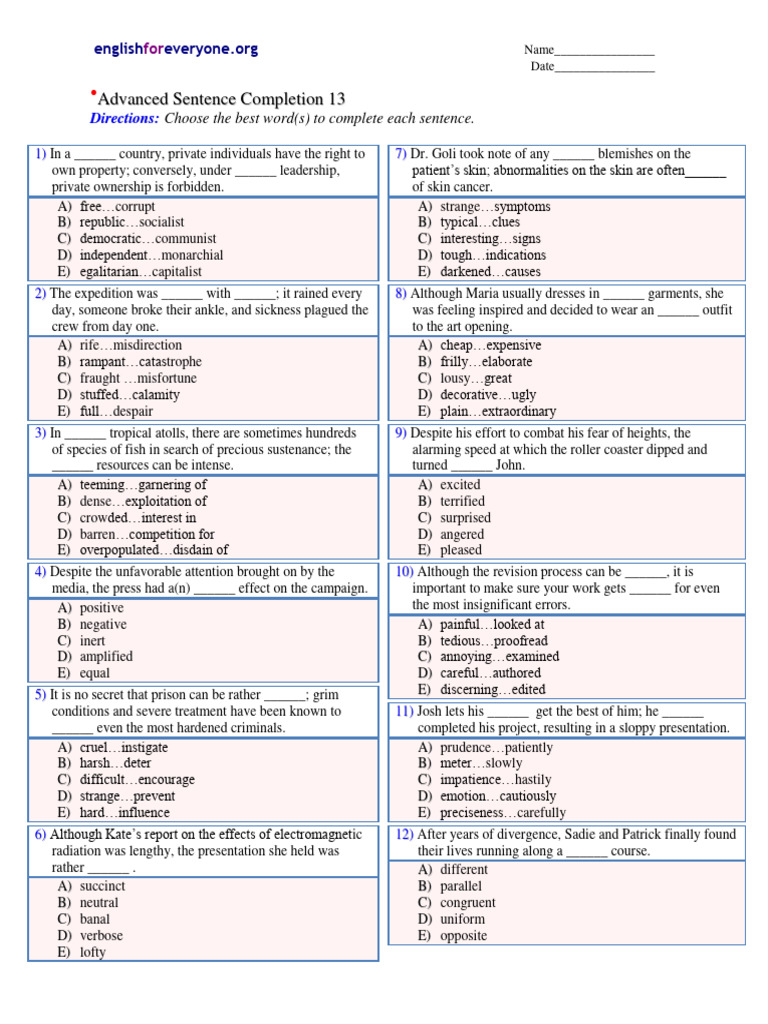 Advanced Sentence Completion 13 | PDF | Young Adult