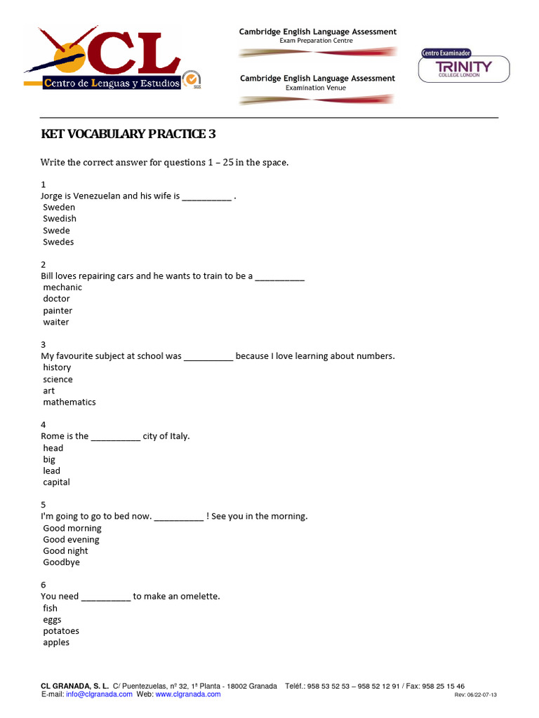 KET Vocbulary Practice 3 | PDF
