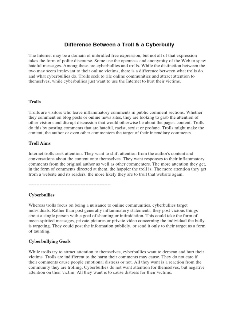 Difference Between A Troll and Cyber Bully | PDF | Cyberbullying | Mass ...