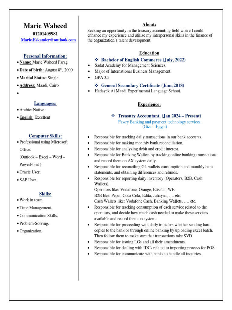 Marie Waheed CV 2 | PDF | Banks | Overdraft