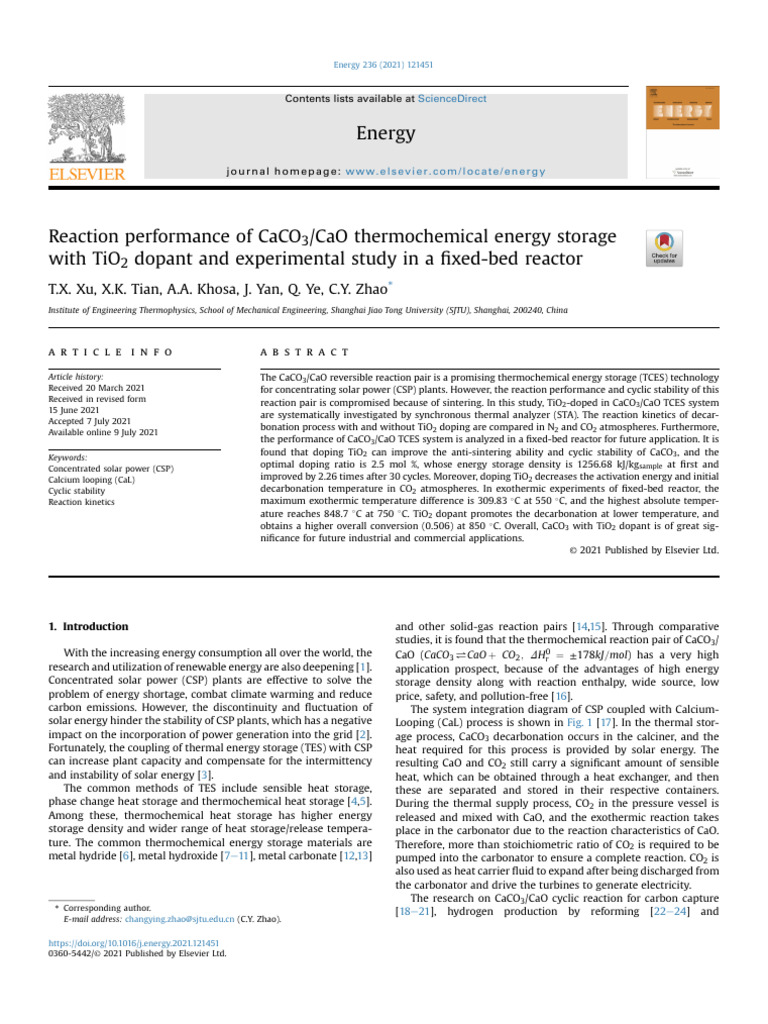 Reaction Performance Of Caco3 Cao Thermochemical Energy Storage