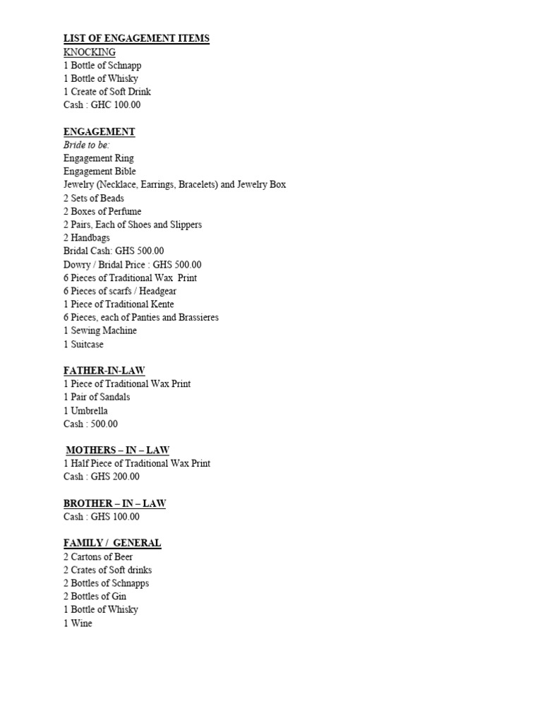 Engagement Items List for Bride and Groom | PDF | Cooking, Food & Wine