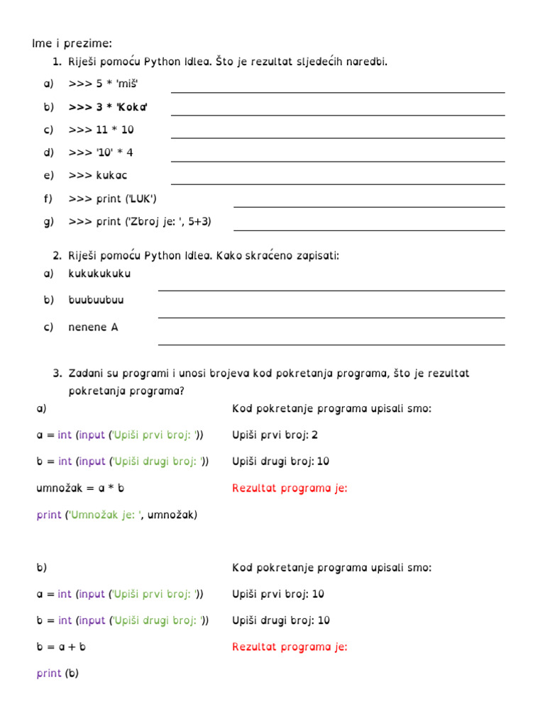 Nastavni Listic Python 5 Razred | PDF
