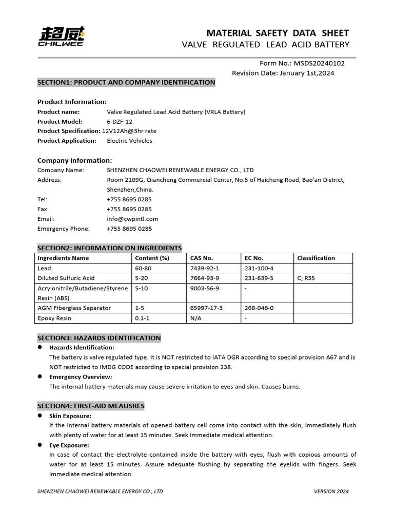 2024 MSDS for 6-DZF-12 Battery | PDF | Lead | Firefighting
