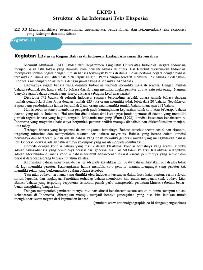 LKPD 1 Struktur Eksposisi | PDF