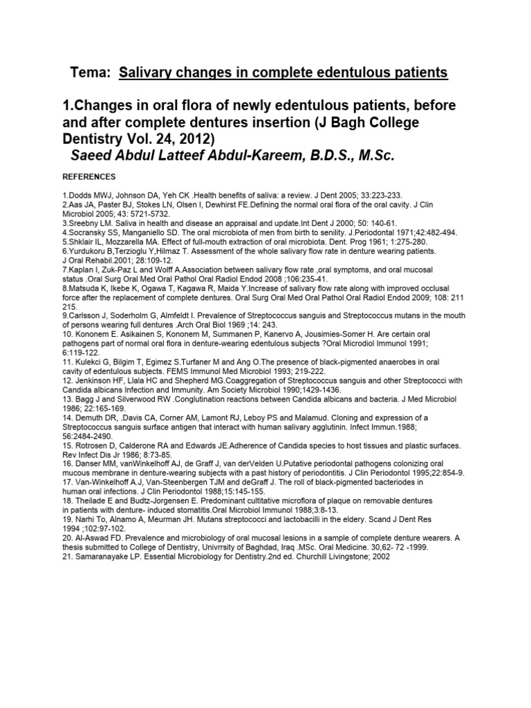 Salivary Changes in Complete Edentulous Patients | PDF | Dentures ...