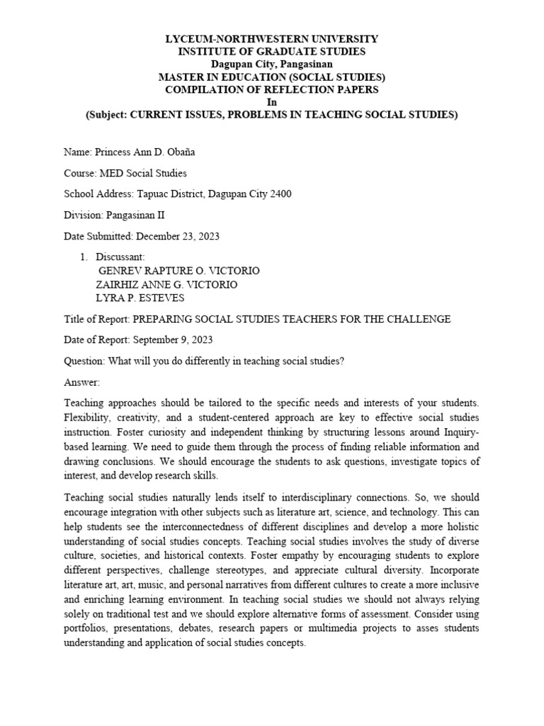 Reflection Papers on Social Studies Teaching | PDF | Differentiated ...