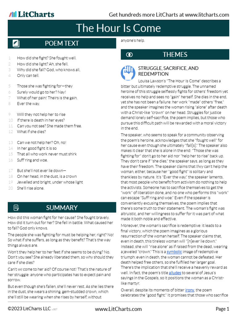 LitCharts The Hour Is Come | PDF | Metre (Poetry) | Glory (Religion)