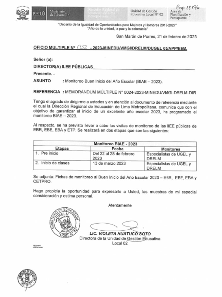 Oficio Multiple 032-2023 Monitoreo Pre Inicio 2023 y Fichas | PDF