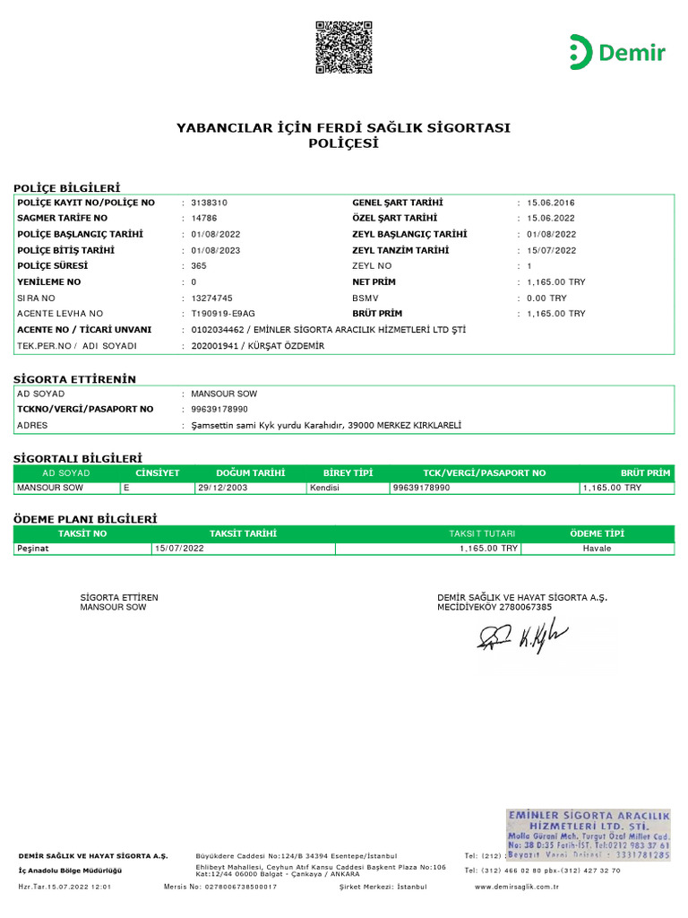 Mansour Sow Da9 Si̇gorta | PDF