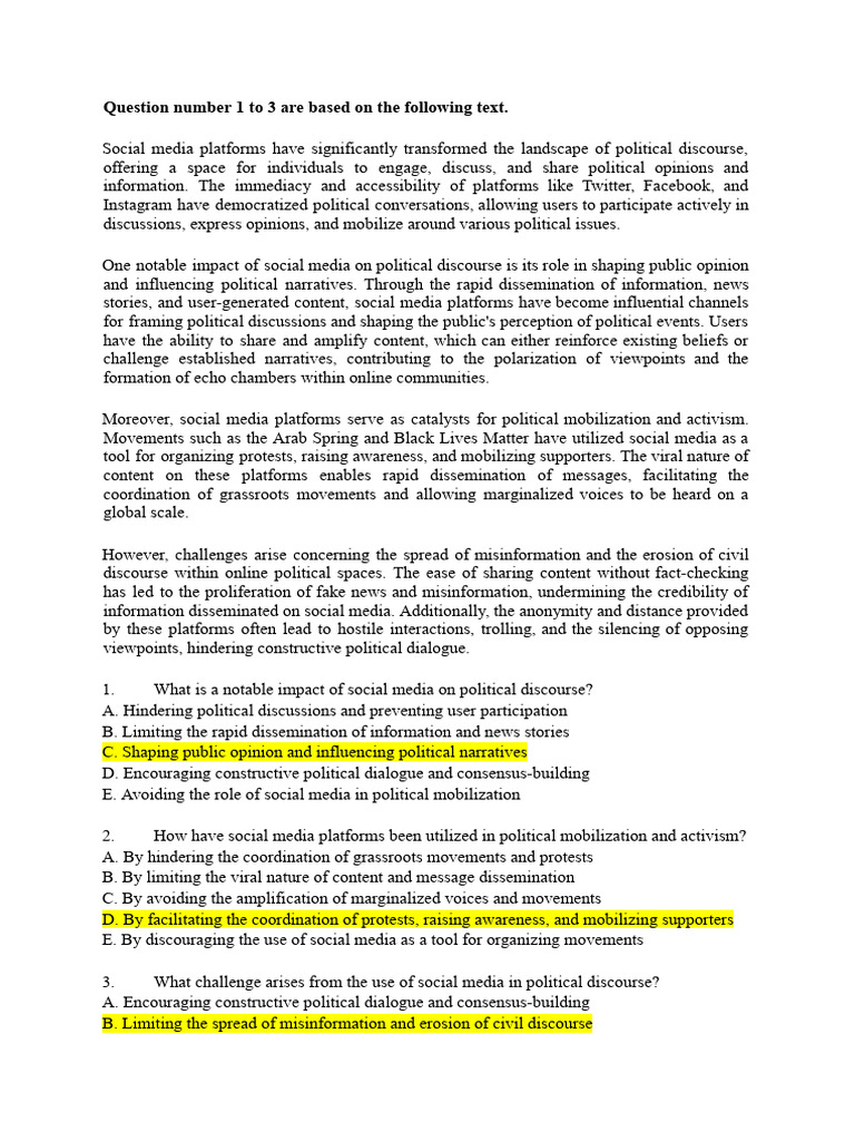 Question Number 1 To 3 Are Based On The Following Text | PDF | Social ...