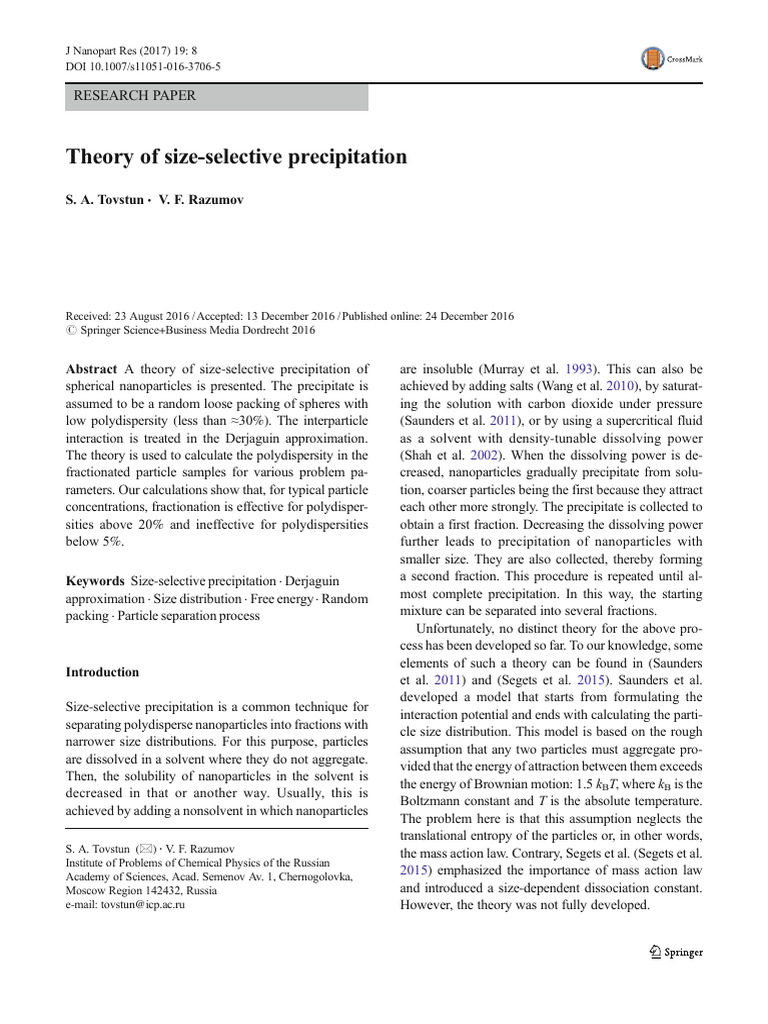 Theory of Size-Selective Precipitation | PDF | Nanoparticle | Solubility