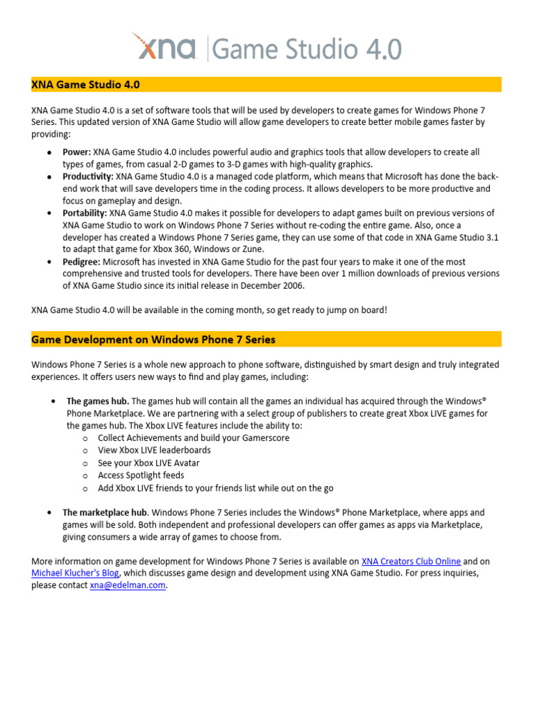 XNAGameStudio4.0 FactSheet | PDF | Windows Phone | Microsoft Windows