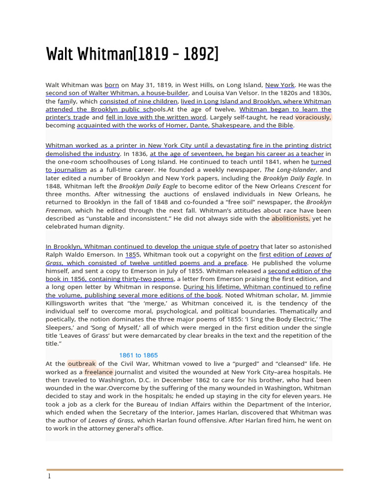 1.walt Whitman | PDF | Leaves Of Grass | Walt Whitman