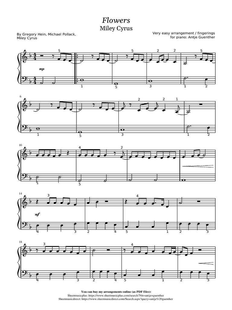 Miley Cyrus - Flowers - VERY EASY Arrangement Fingerings | PDF