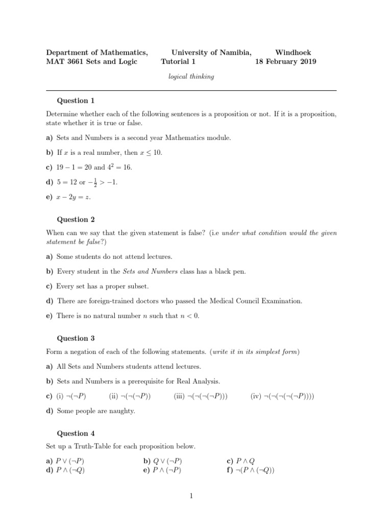 Tutorial Sheet 1 2019dddd | PDF | Logic | Syntax (Logic)