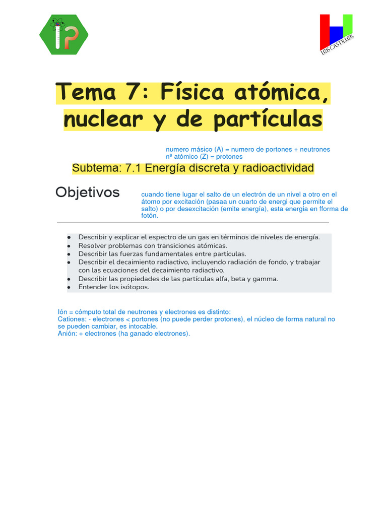 Tema 7 Contenidos 7.1 | PDF | Desintegración radioactiva | Electrón