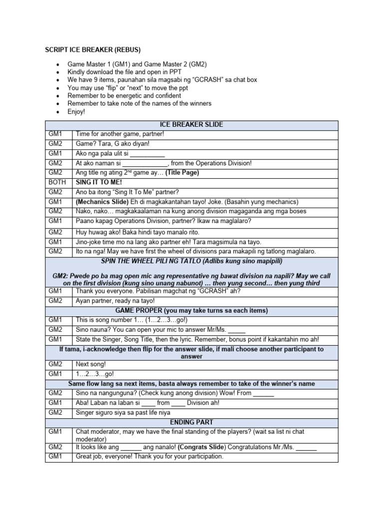 Sing It To Me Ice Breaker Script | PDF | Games & Activities