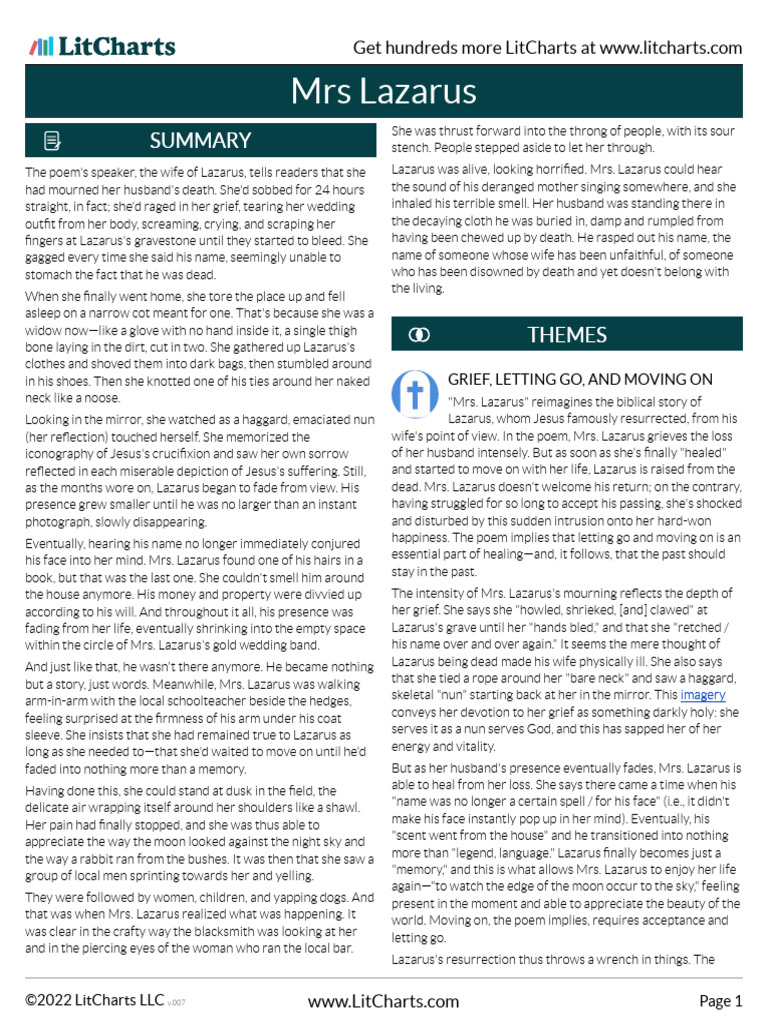 LitCharts Mrs Lazarus | PDF