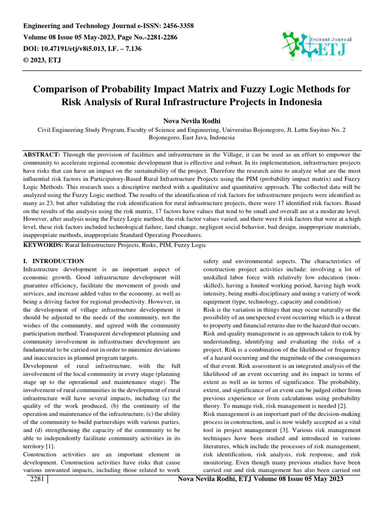 Comparison of Probability Impact Matrix and Fuzzy Logic Methods For Risk Analysis of Rural ...