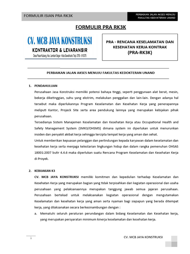 Formulir Pra RK3K Unand | PDF