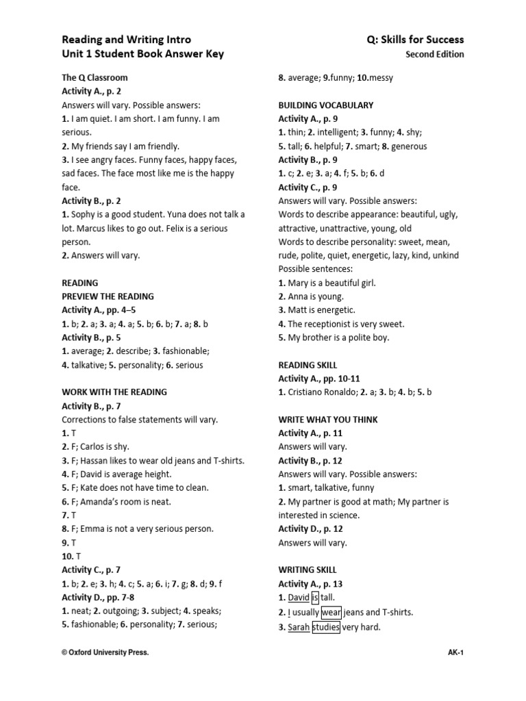 Q2e RW0 U01 AnswerKey | PDF | Language Arts & Discipline | Foreign Language Studies