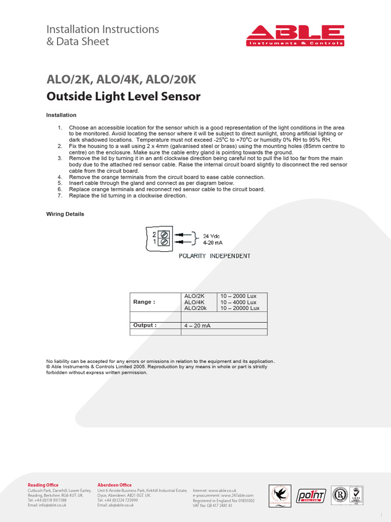 Able Light Sensors Datasheet | PDF | Printed Circuit Board | Sensor