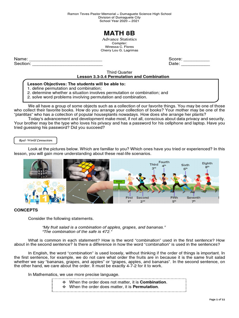 W4 6 - Q3 - Math8B - Permutation and Combination 1 | PDF | Permutation | Mathematics