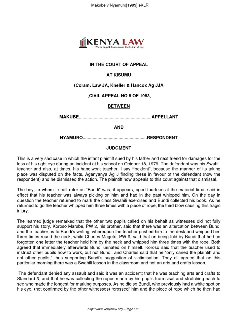 Makube V Nyamuro (1983) eKLR Civil Appeal No. 8 of 1983 | PDF | Trespass | Negligence