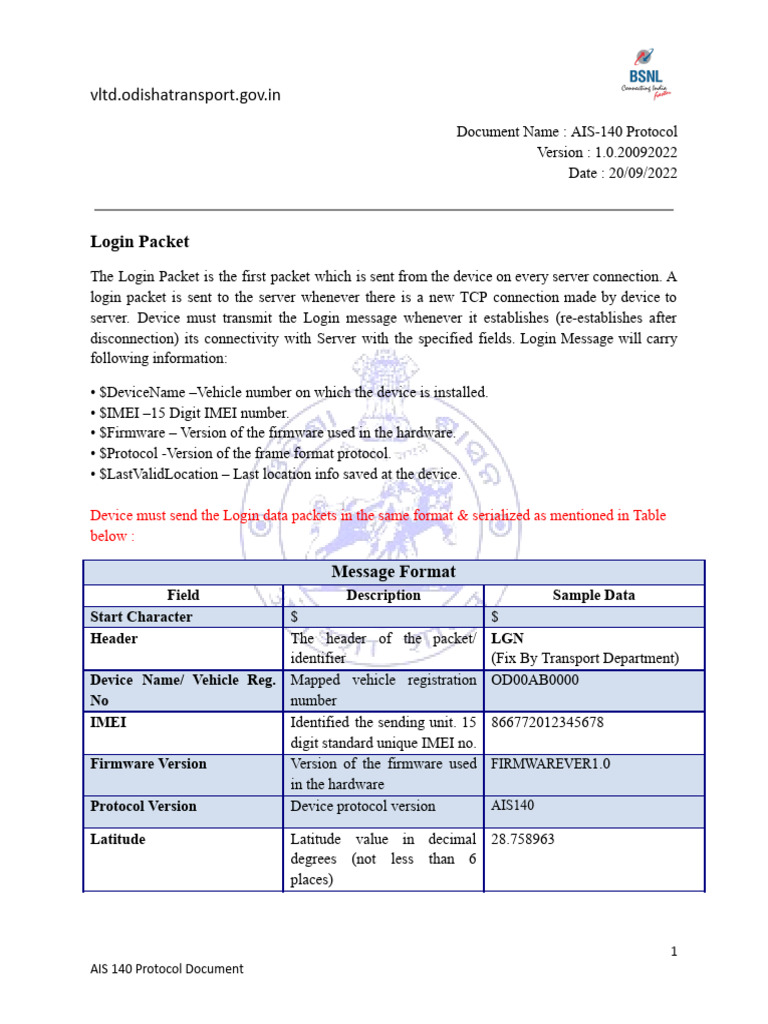 AIS-140 Protocol Guide | PDF | Network Packet | Transmission Control ...