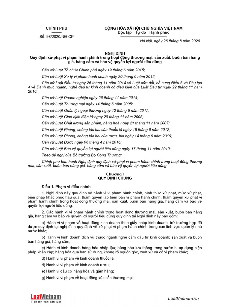 Nghi Dinh 98 2020 ND CP Xu Phat Vi Pham Hanh Chinh Trong Hoat Dong Thuong Mai | PDF