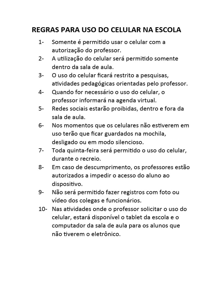 REGRAS PARA USO DO CELULAR NA ESCOLA | PDF